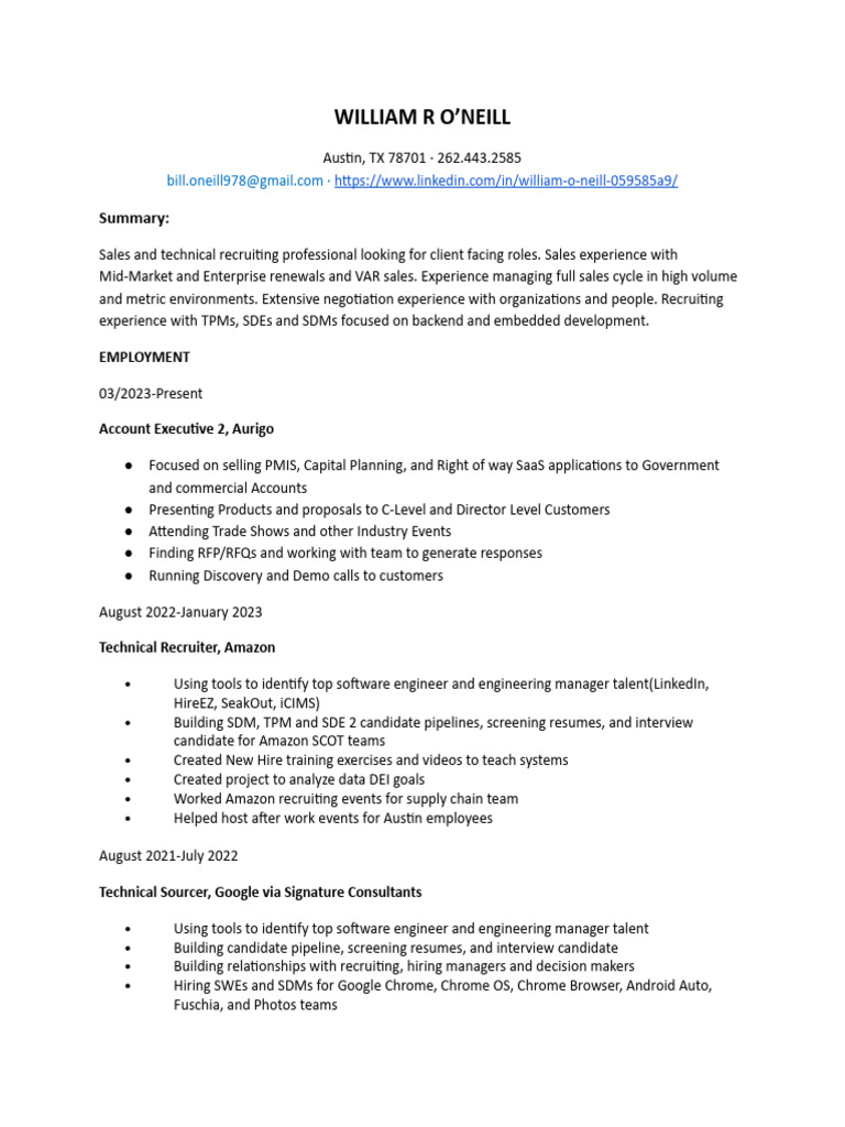 William O'Neill Resume | PDF | Recruitment | Business Economics