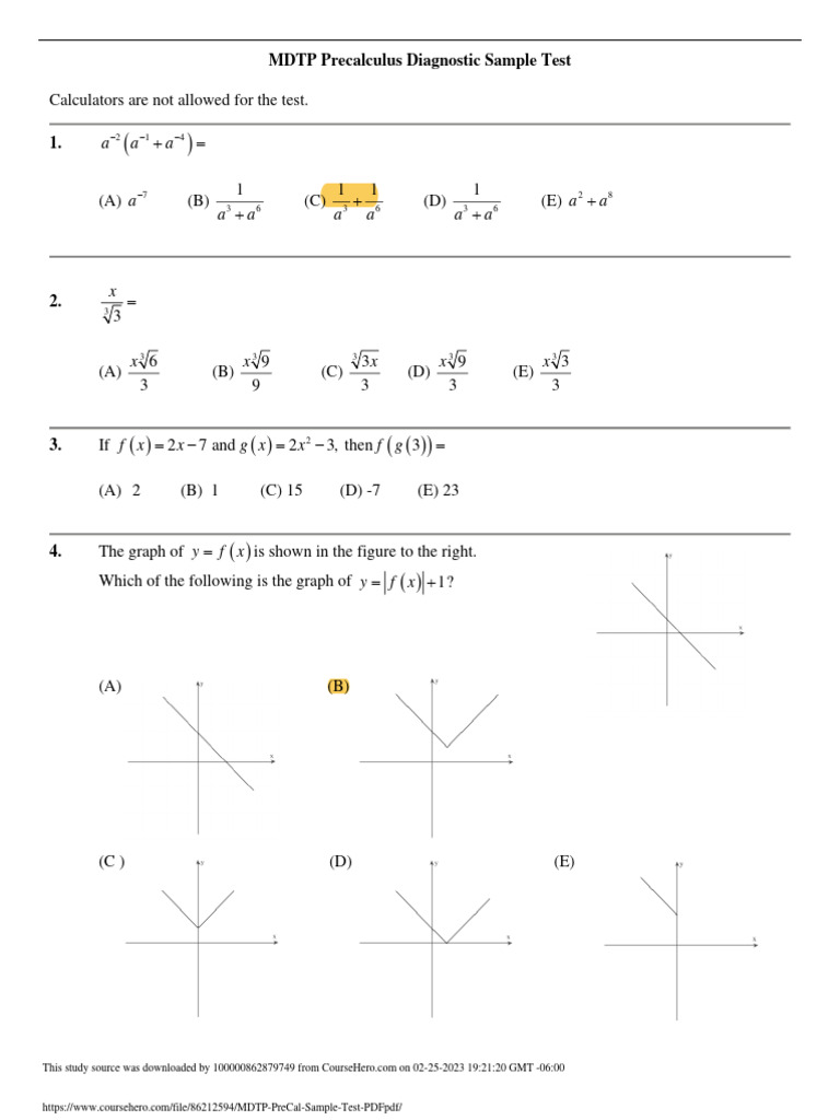 MDTP Precalculus Diagnostic Test | PDF | Polynomial | Exponentiation
