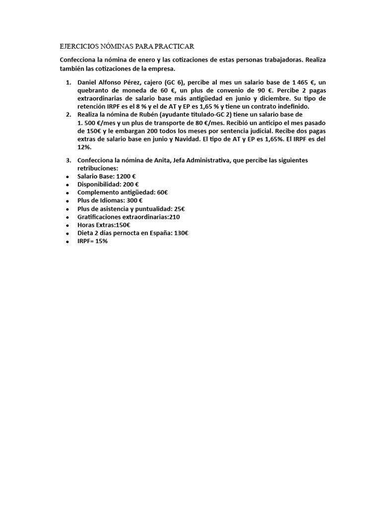 Ejercicios Nóminas para Practicar | PDF