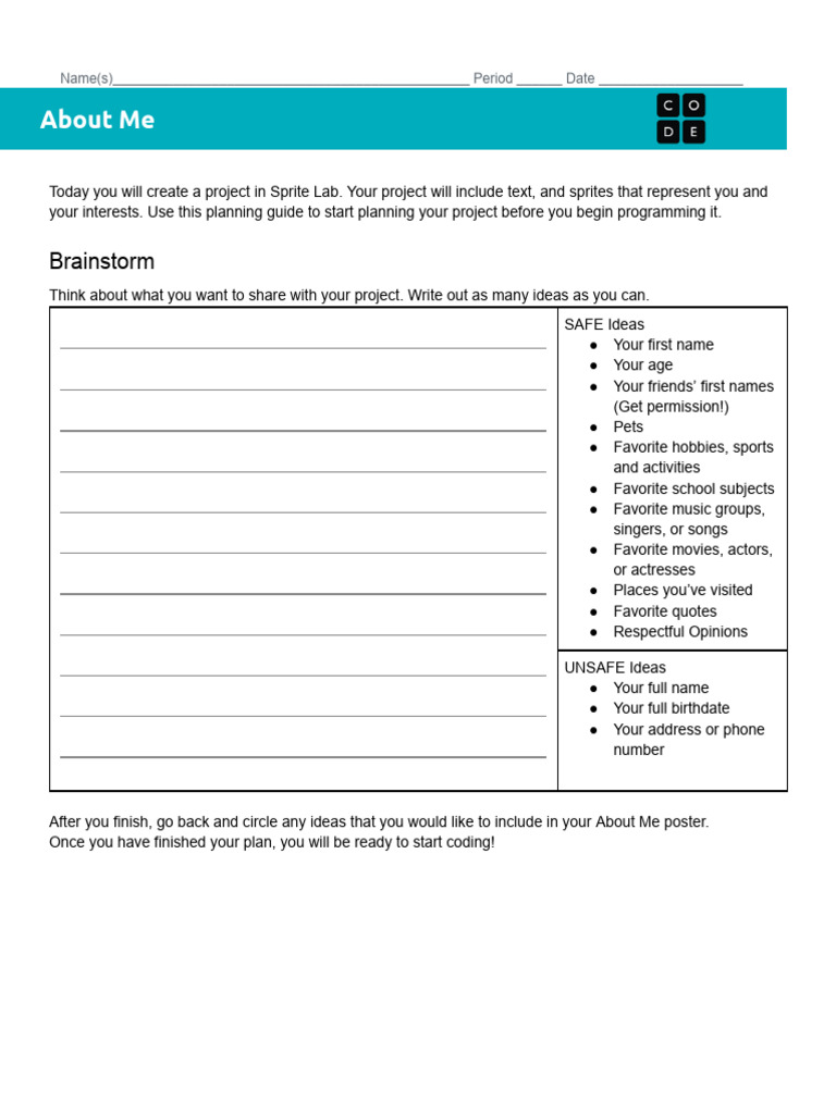 About Me Project Planning Guide | PDF