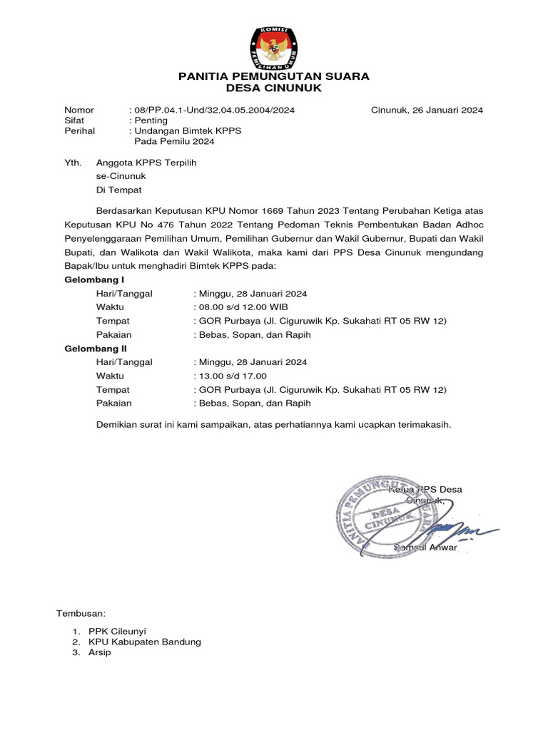 Surat Undangan Bimtek KPPS 2024 | PDF
