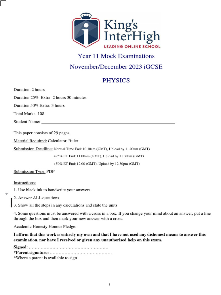 Year 11 Physics Mock 2023 - Question Paper | PDF | Physical Phenomena | Electrodynamics