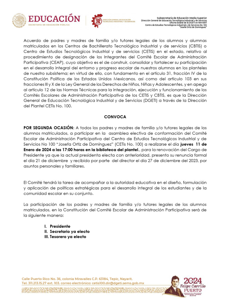 2da CONVOCATORIA PADRES Y TUTORES ALUMNOS CETIS 100 | PDF | Gobierno