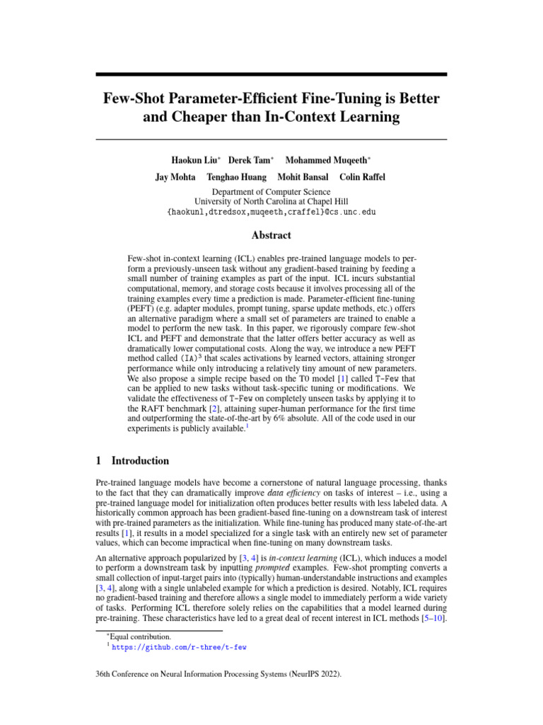NeurIPS 2022 Few Shot Parameter Efficient Fine Tuning Is Better and Cheaper Than in Context ...