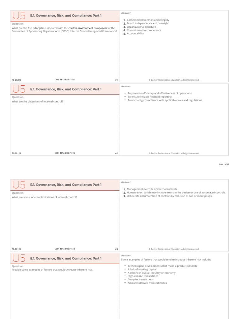 Flashcards Becker U5 P1 | PDF | Internal Control | Financial Audit