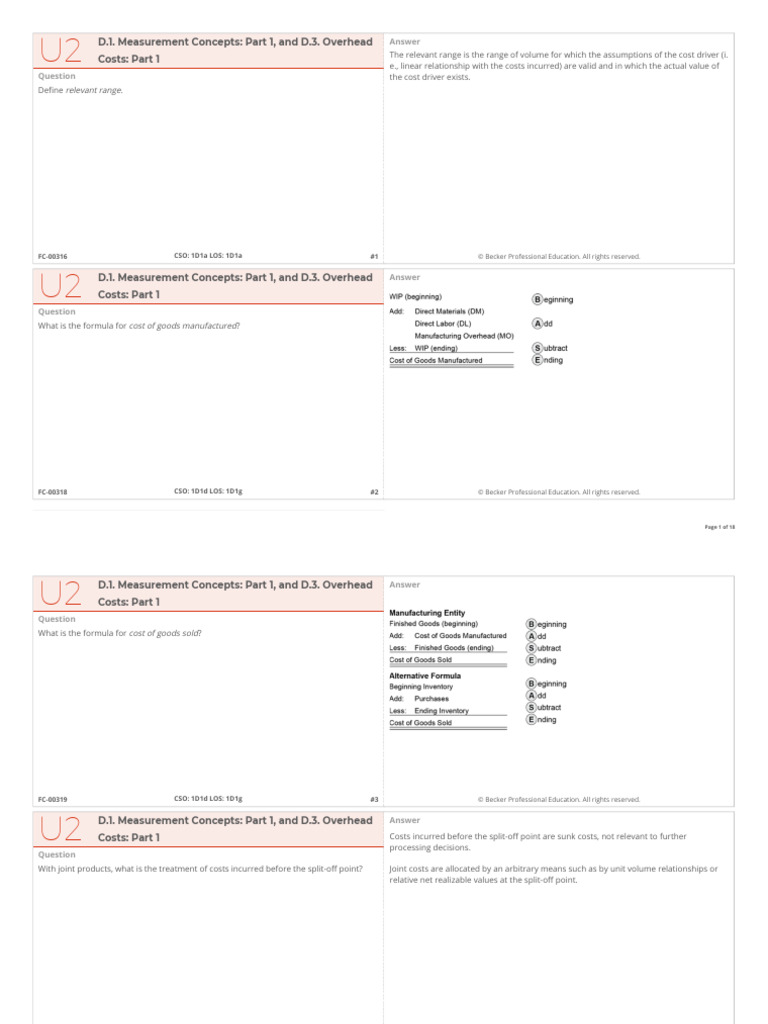 Flashcards Becker U2 P1 | PDF | Cost | Cost Of Goods Sold