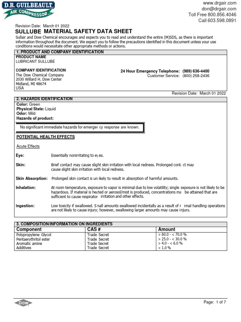 Msds Sullube Lubricant | PDF | Hazards | Toxicity