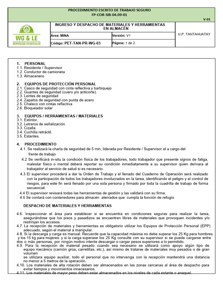 03.PET-TAN-PR-WG-03 Ingreso y despacho de materiales, herramientas y ...