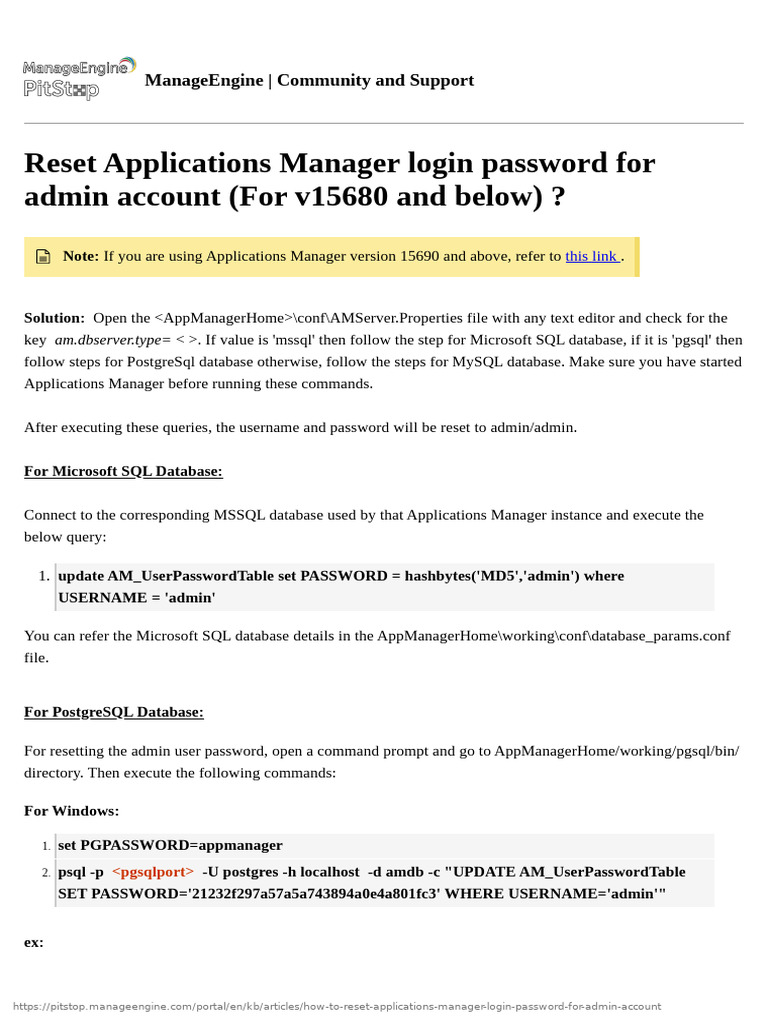 How To Reset Applications Manager Login Password For Admin Account | PDF | Postgre Sql ...