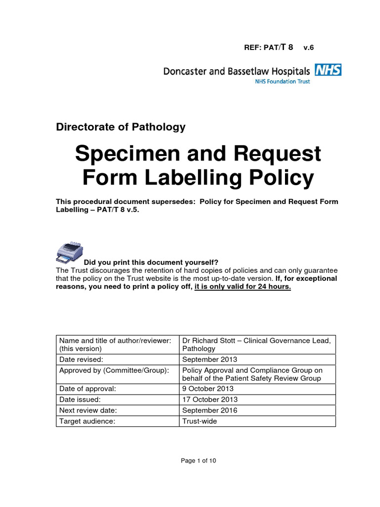 Pathology Specimen Labeling Policy | PDF | Blood Transfusion | Pathology