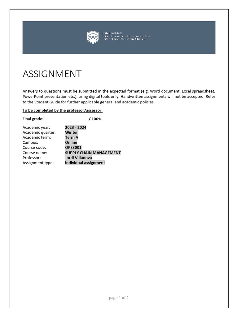 UIBS-ECLS Individual Assignment (Version MMXX.02) SCM 2024 | PDF ...
