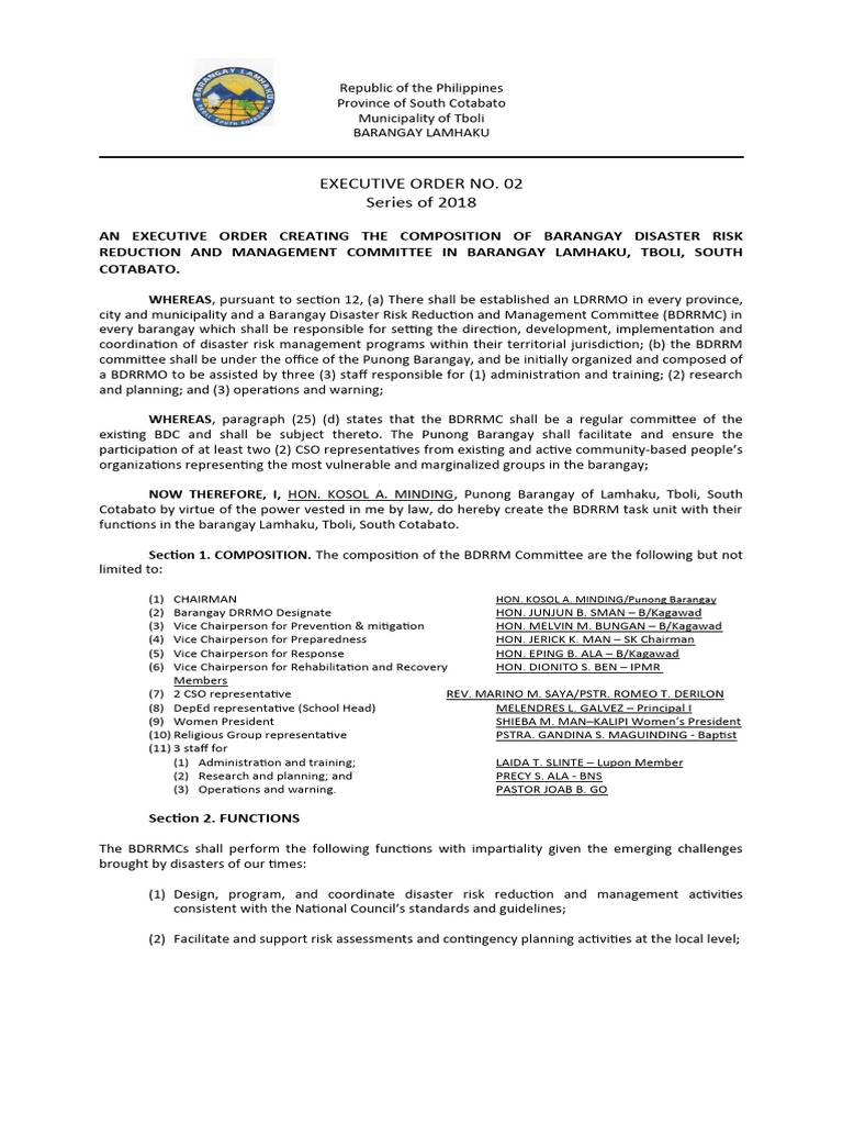 Executive Order On Creation of BDRRMC | PDF | Disaster Risk Reduction ...