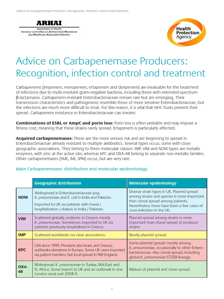 Carbapenemase Producers: Control & Treatment | PDF | Beta Lactamase ...