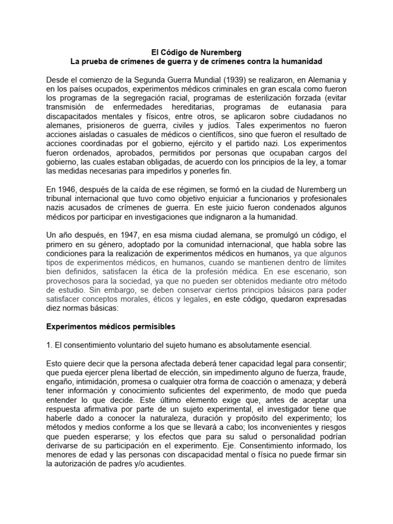 Código de Nuremberg: Ética Médica en Experimentos Humanos | PDF ...