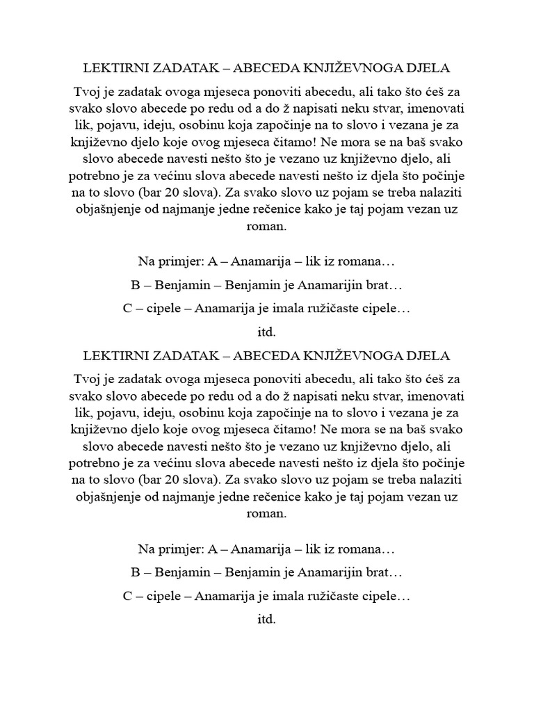 LEKTIRNI ZADATAK, Abeceda Književnoga Djela | PDF