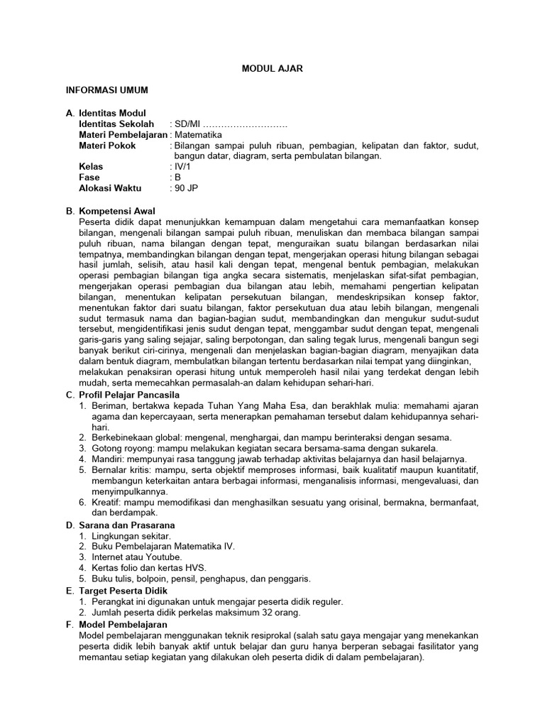 Modul Ajar - Matematika IV - SD | PDF