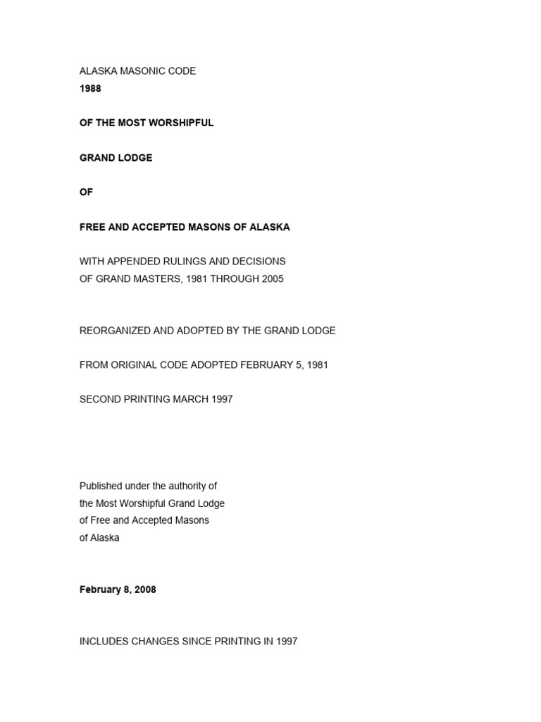 Alaska Masonic Code | PDF | Masonic Lodge | Freemasonry