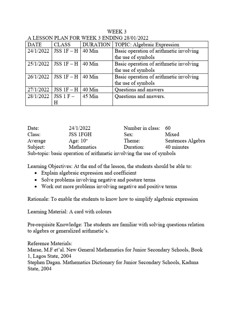 JS1 Maths WK 3 F - H | PDF | Mathematics | Procedural Knowledge