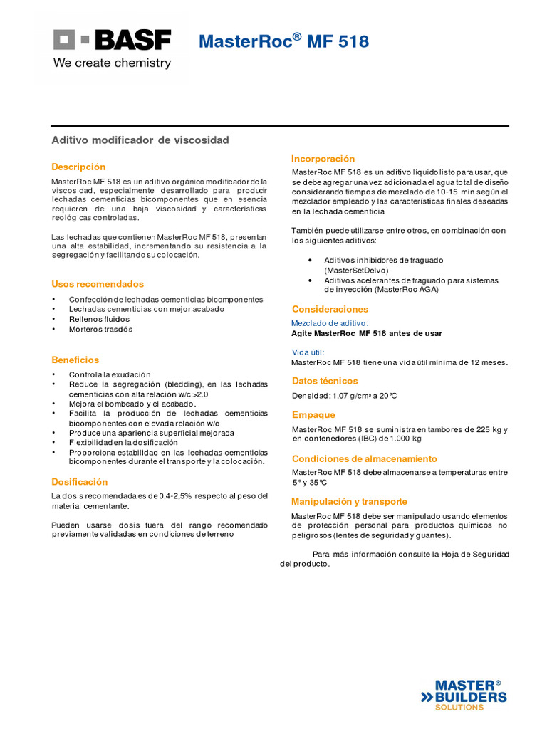 MBS MasterRoc MF 518 | PDF | Viscosidad