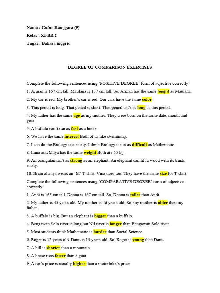 Degree of Comparison Exercises Worksheet | PDF