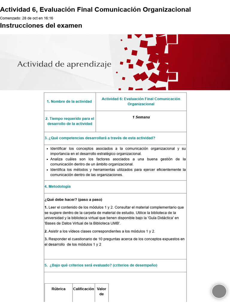 Examen - Actividad 6, Evaluación Final Comunicación Organizacional | PDF