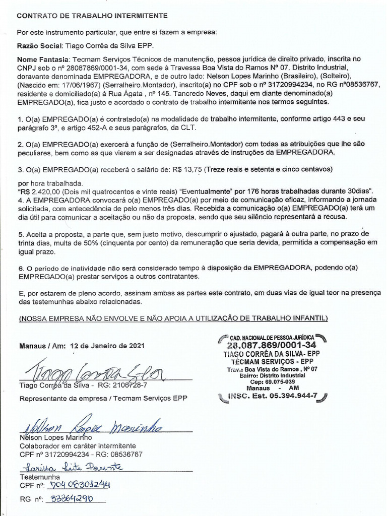 Contrato de Trabalho Intermitente Nelson 2 | PDF