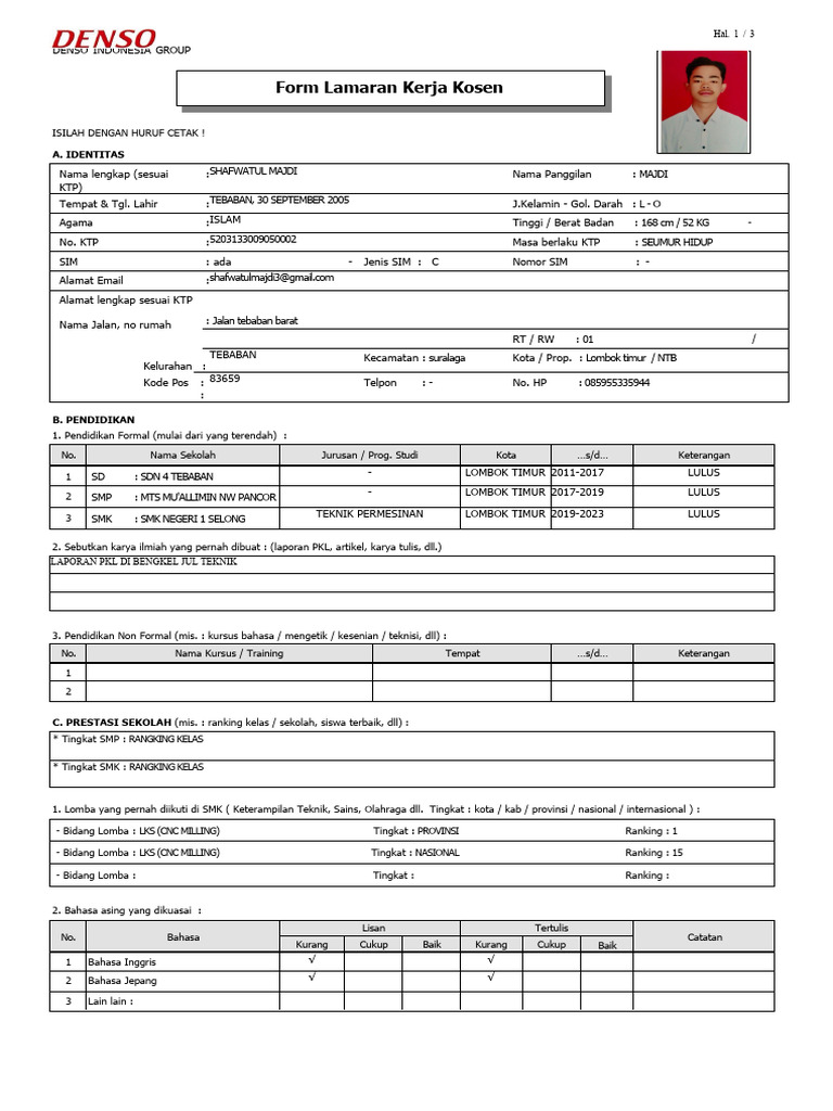 FORM LAMARAN KERJA Kosen-1 | PDF