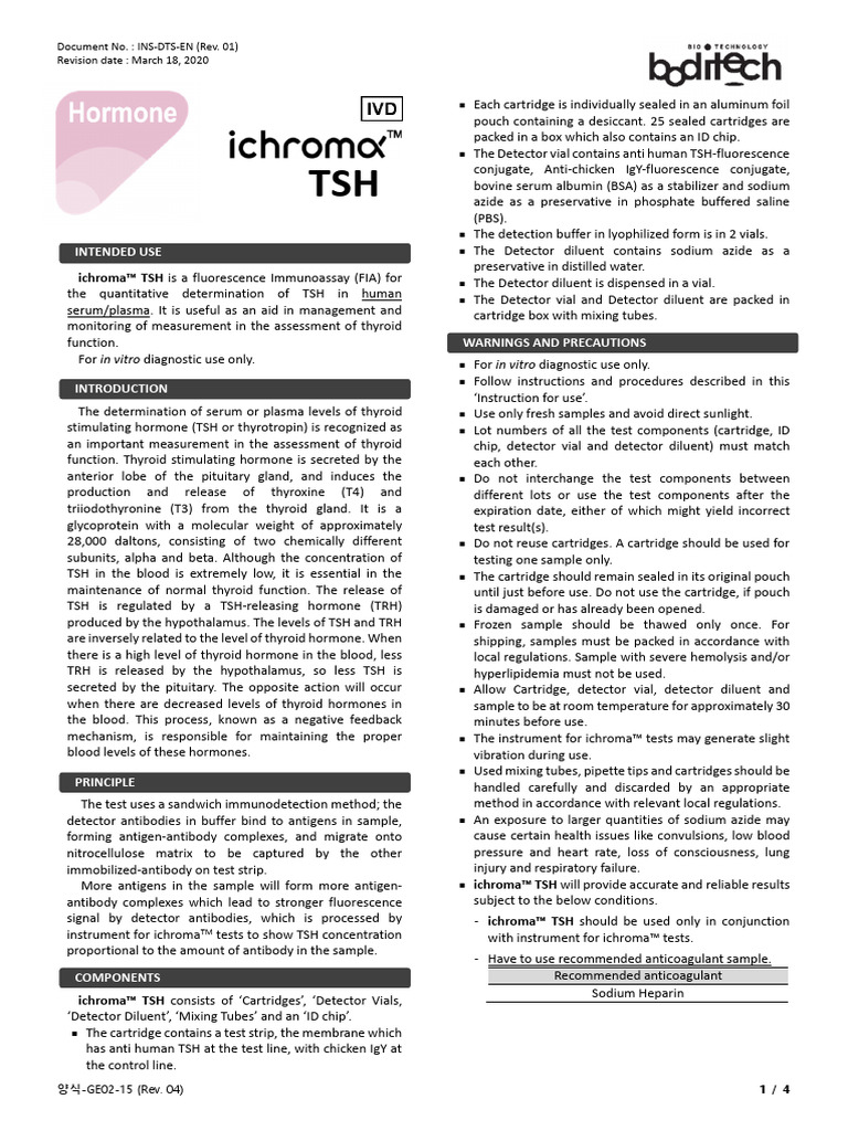 Intended Use: Ichroma™ TSH Is A Fluorescence Immunoassay (FIA) For | PDF | Thyroid Stimulating ...