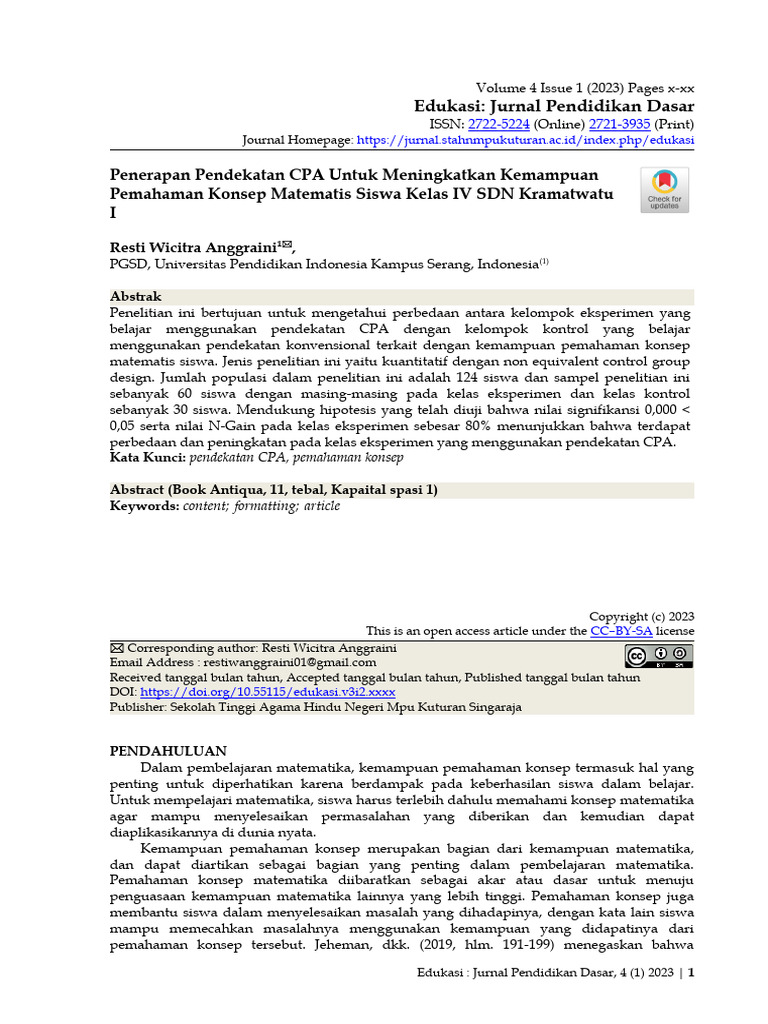 Penerapan Pendekatan CPA Untuk Meningkatkan Kemampuan Pemahaman Konsep ...