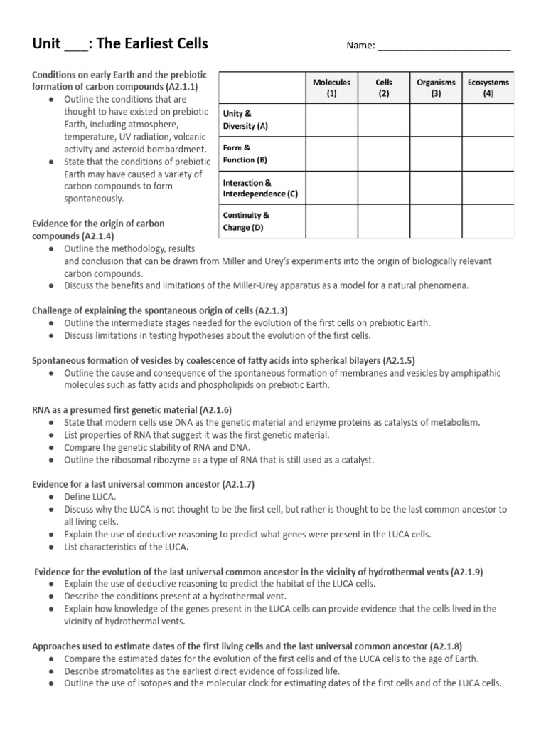 The Earliest Cells Note Packet | PDF | Abiogenesis | Cell (Biology)