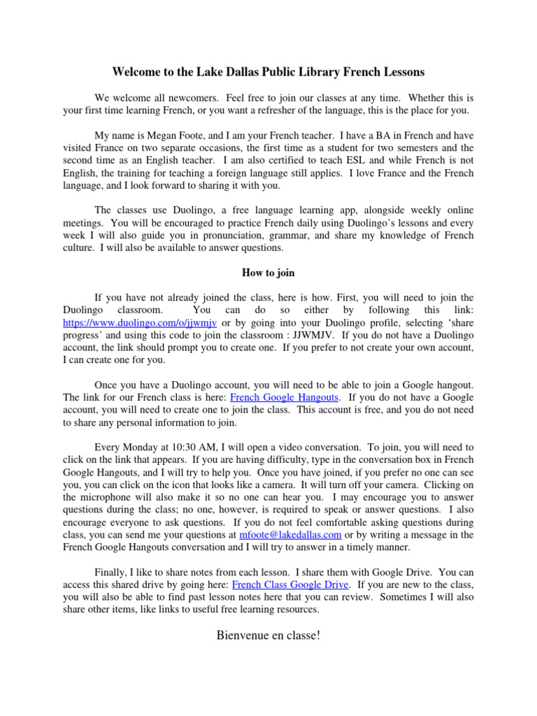 Welcome To Your French Class and How To Join | Download Free PDF ...
