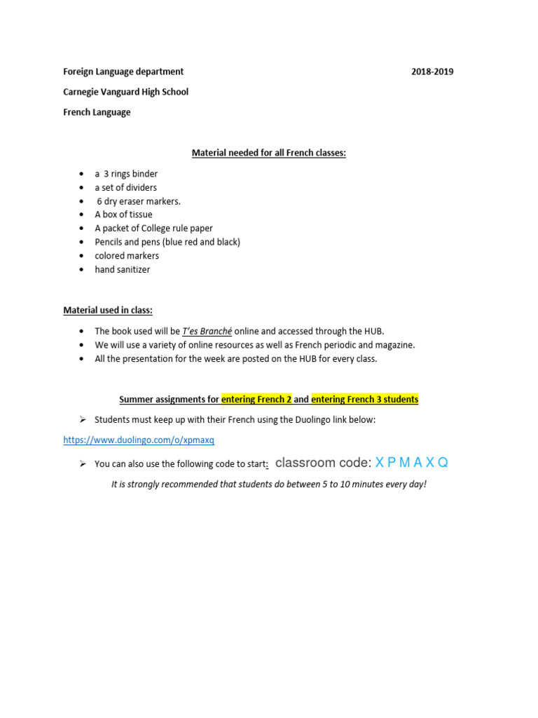 French Class Essentials & Tasks | PDF