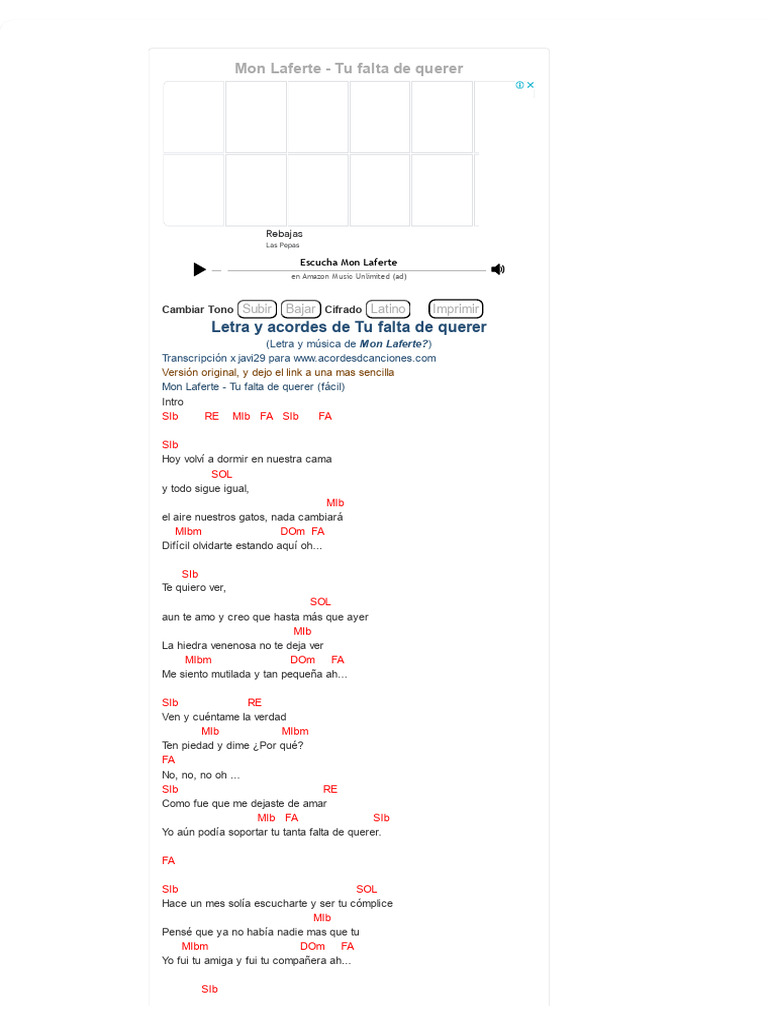 Mon Laferte - Tu Falta de Querer - Acordes D Canciones - Guitarra y Piano | PDF | Canciones ...