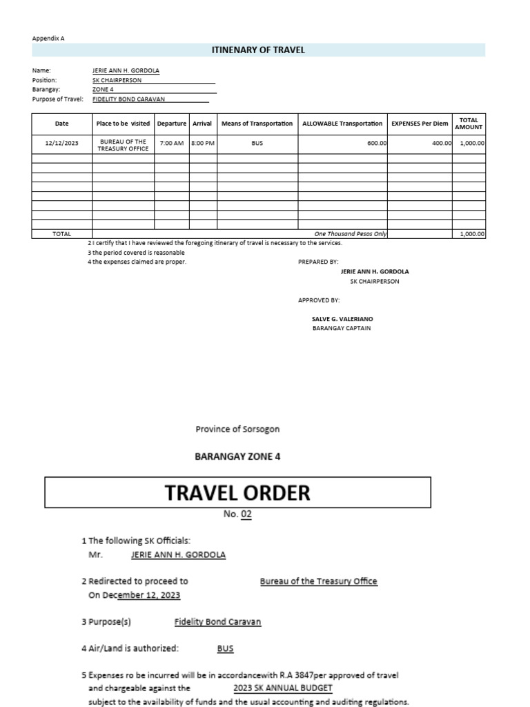 SK Itinerary Travel Travel Order Travel Completed | PDF | Per Diem | Government