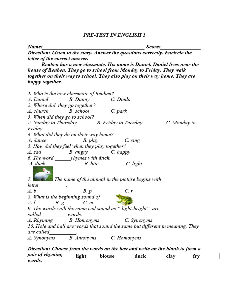 Pre-Test - English 1 | PDF | Linguistics | Phonetics