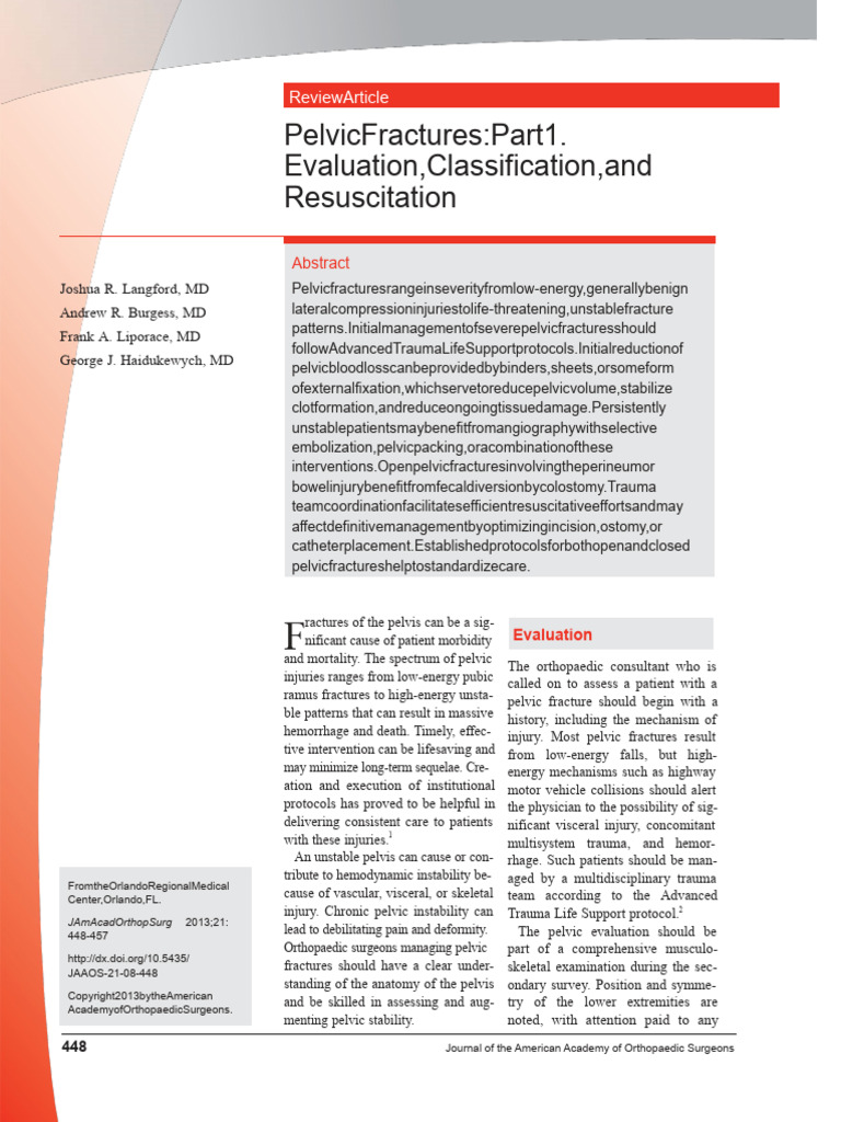 J Langford. Pelvic Fractures Part 1, Evaluation, Calssification and ...