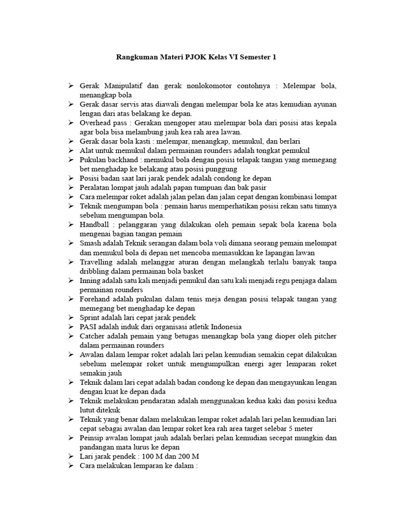 Rangkuman Materi PJOK Kelas VI Semester 1 | PDF
