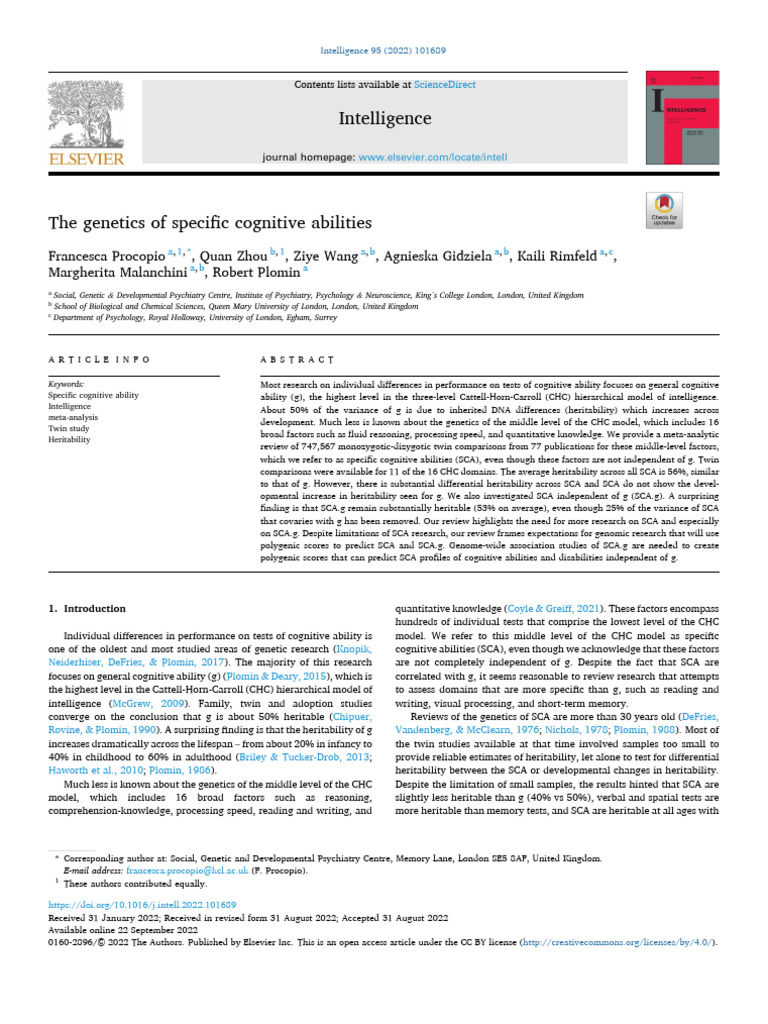 The Genetics of Specific Cognitive Abilities (2022) | PDF ...