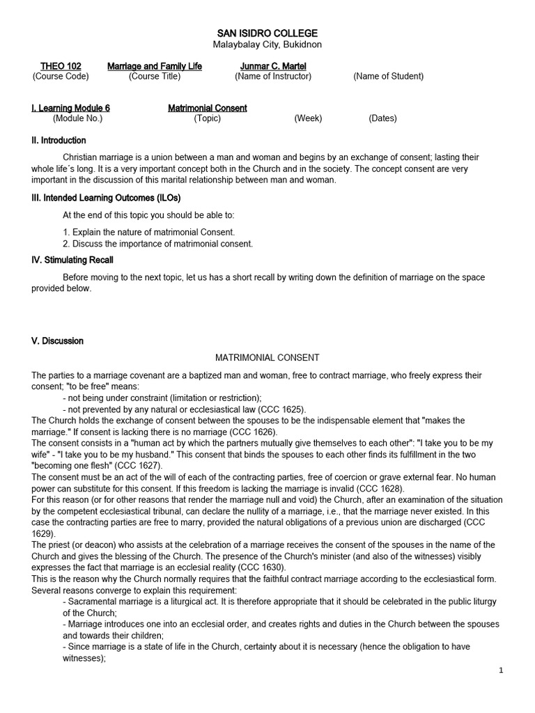 Importance of Matrimonial Consent | PDF | Marriage | Catholic Church
