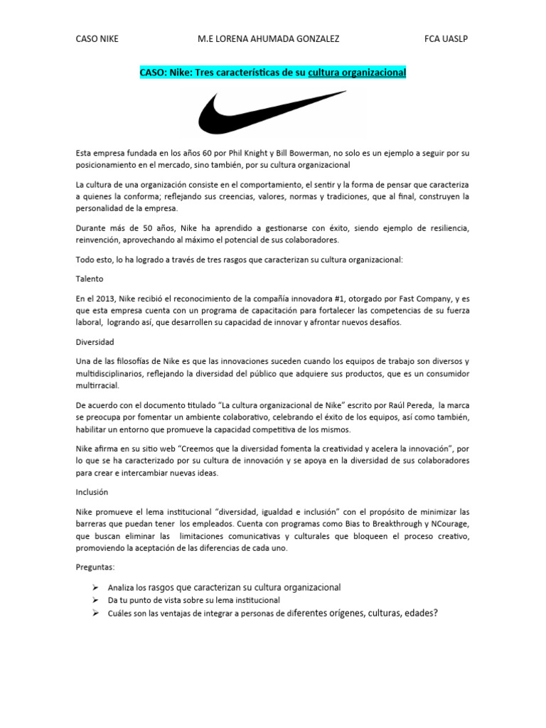 Cultura Organizacional de Nike: Claves y Valores | PDF | Nike | Cultura ...