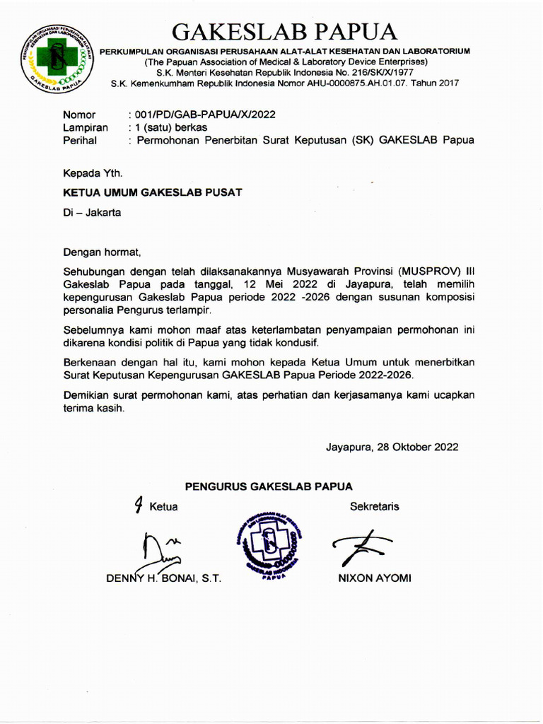 Permohonan Penerbitan SK GAKESLAB PAPUA | PDF