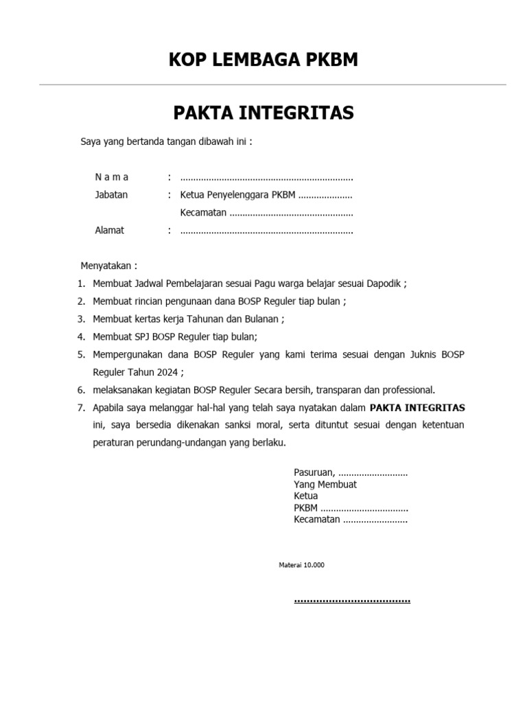 Pakta Integritas BOSP Reguler | PDF