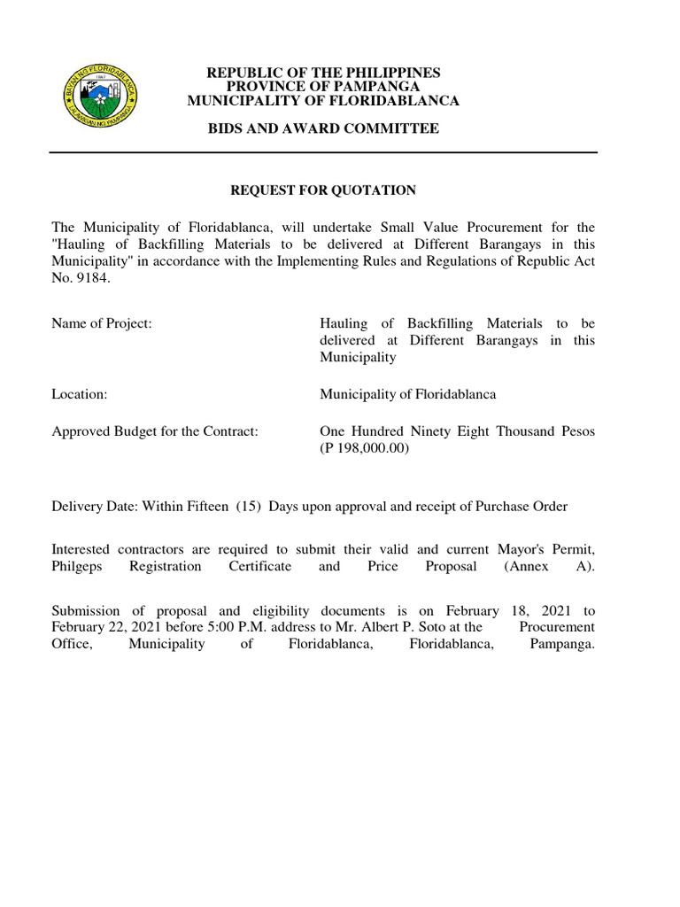 Request For Quotation Hauling of Backfilling Materials | PDF | Prices ...