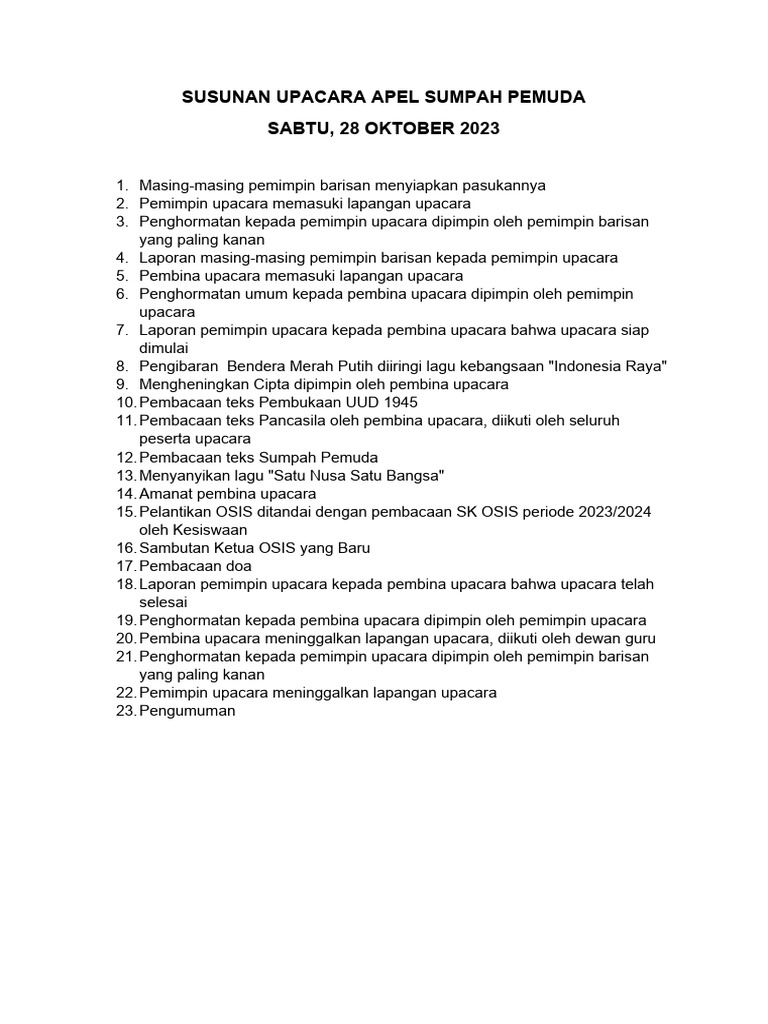 Susunan Upacara Apel Sumpah Pemuda | PDF