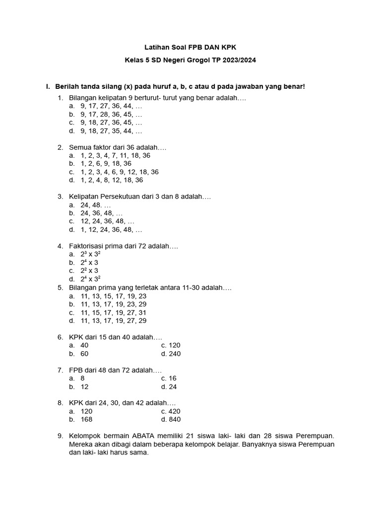 Latihan Soal Matematika Bab KPK Dan FPB Kelas 5 Kurmer | PDF | Metode ...