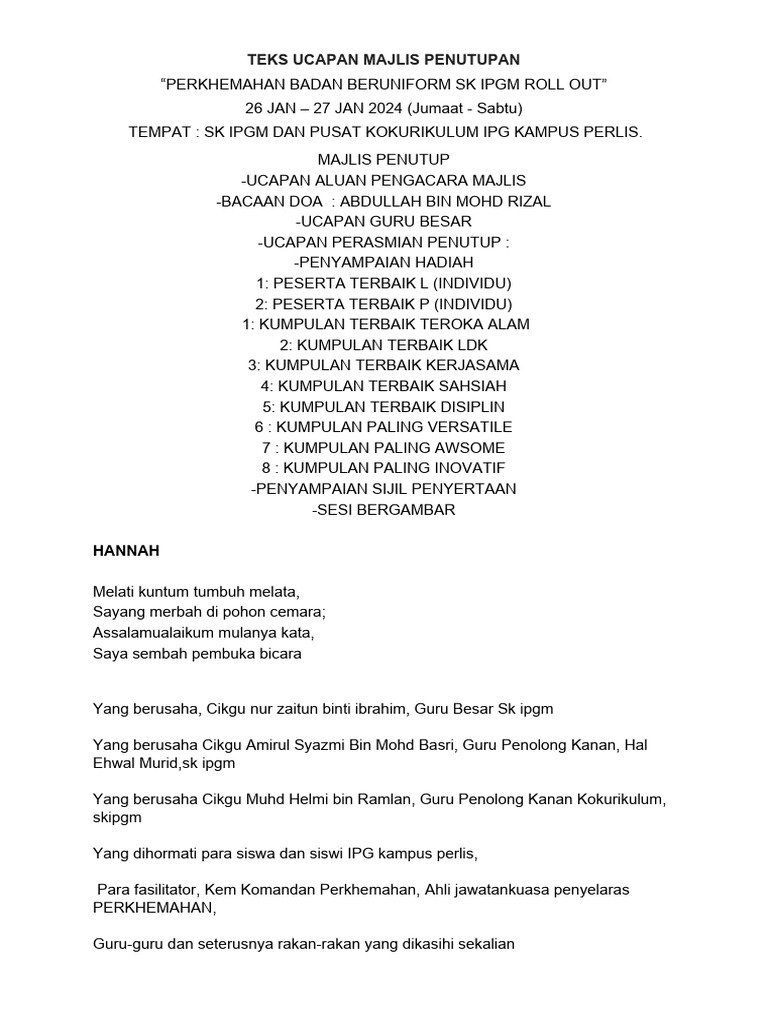 Teks Pengacara Majlis Penutup Kem Ub Skipgm 2024 | PDF