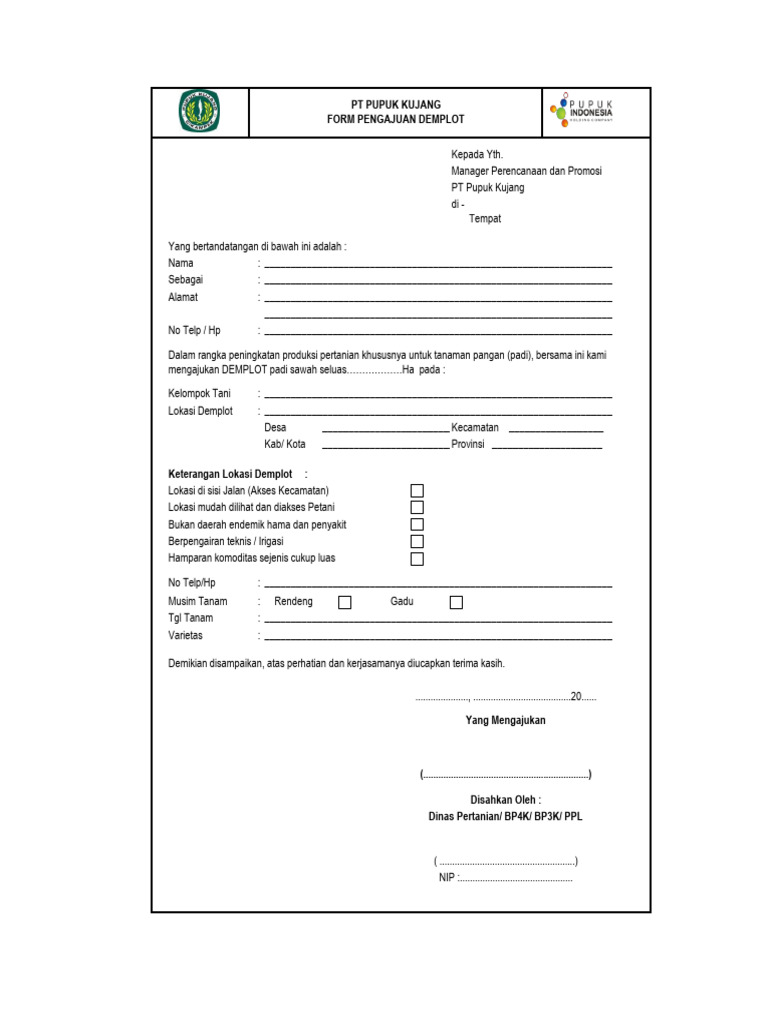Formulir Pengajuan Demplot Padi | PDF