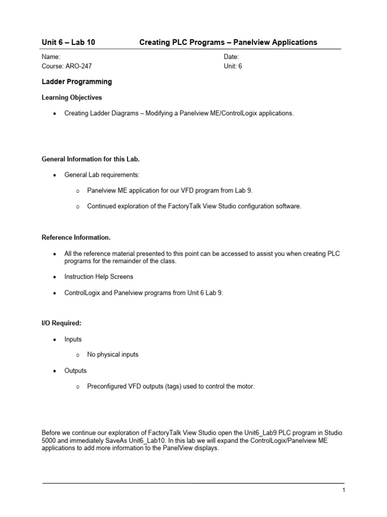 Unit 6 Lab 10 Creating Plc Programs Pdf Programmable Logic Controller Button Computing