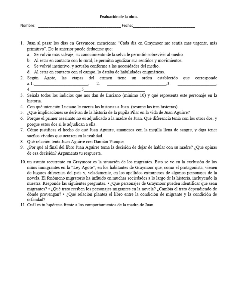 Evaluación de La Obra Literaria Graymoor | PDF | Migración humana