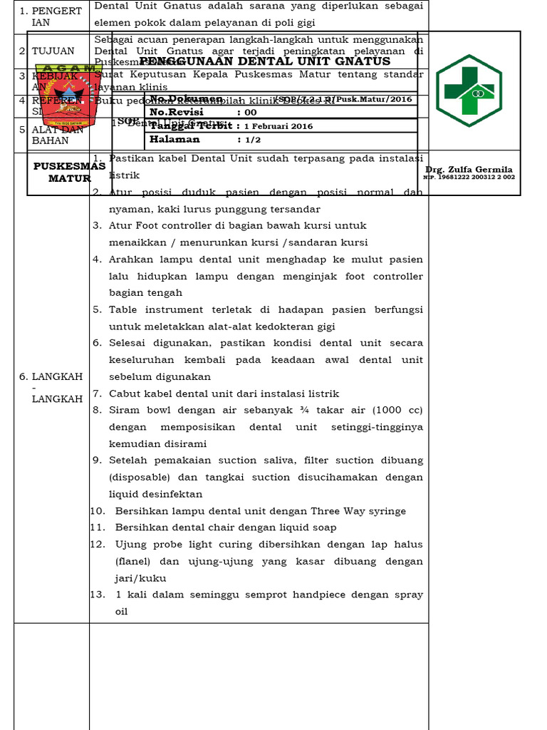 SOP Dental Unit Gnatus | PDF | Kesehatan Holistik
